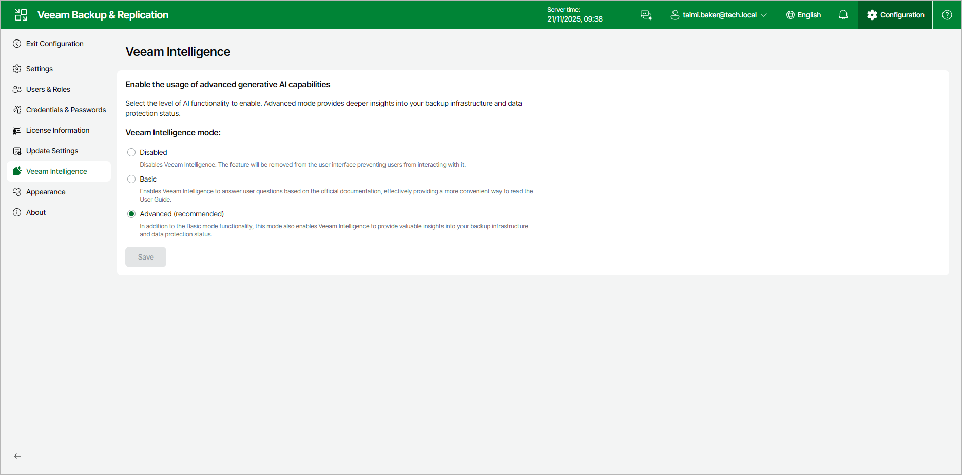 Configuring Veeam Intelligence Settings Using Web UI - Veeam Backup & Replication User Guide